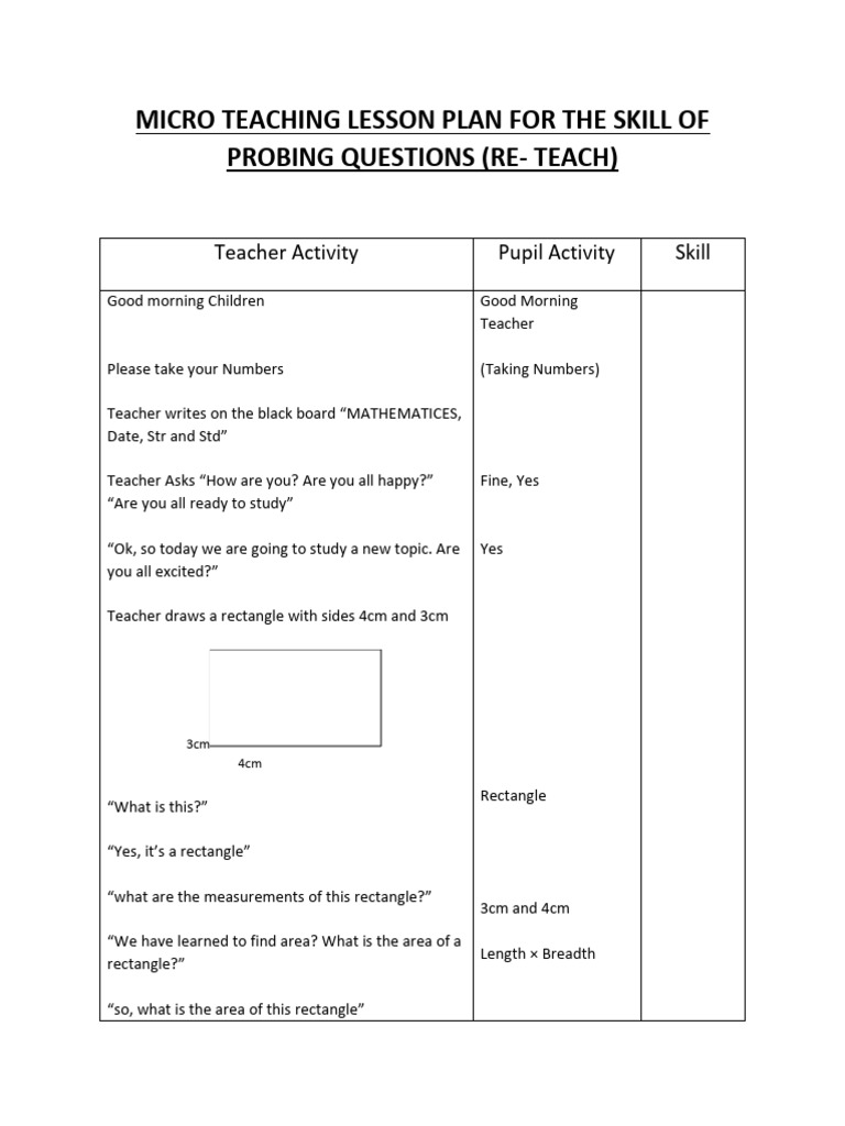 Micro Teaching Lesson Plan For The Skill of Probing Question (Teach ...