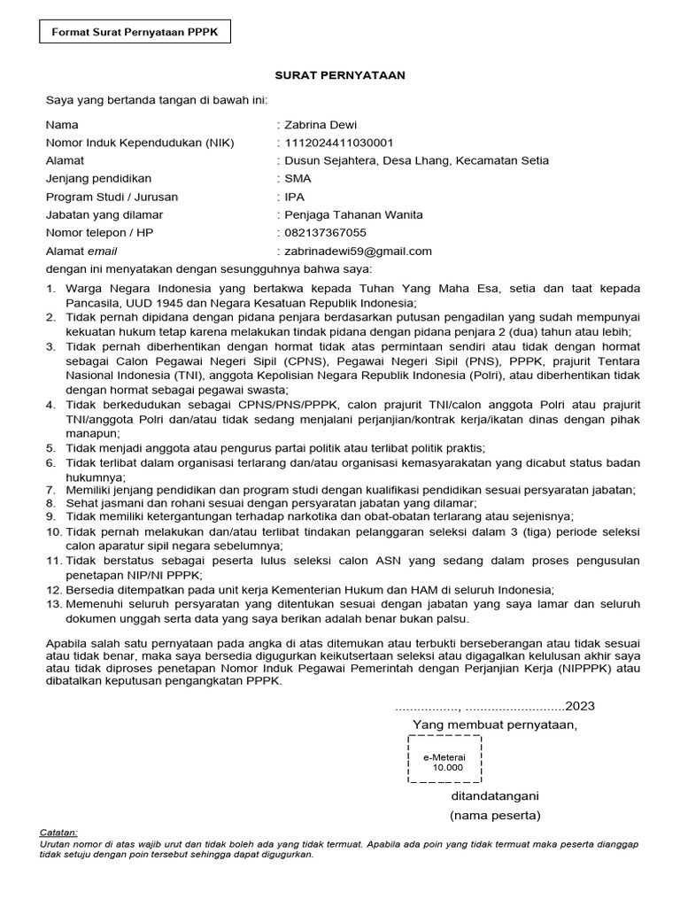 Surat Pernyataan PPPK 2023 Zabrina | PDF