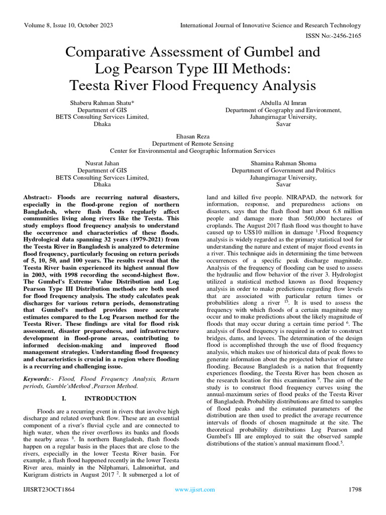 Comparative Assessment of Gumbel and Log Pearson Type III Methods: Teesta River Flood Frequency ...