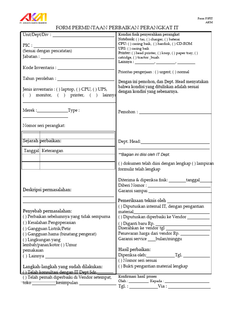 Form Permintaan Perbaikan IT | PDF