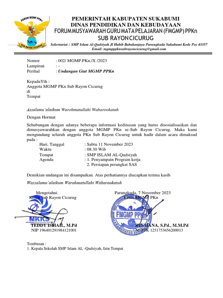 Surat Undangan MGMP PPKn Terbaru | PDF