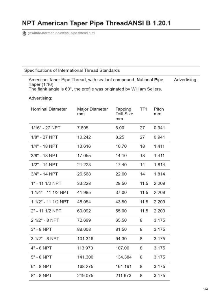NPT Pipe Thread Specifications Guide | PDF