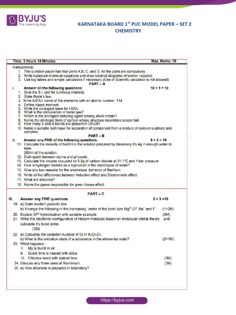 Karnataka 1st PUC Chemistry Model Paper | PDF