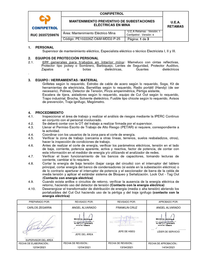 PE102226Z-O&M-MDD2-P-25 Mantto Preventivo de Subestaciones Eléctricas en Mina Rev 4 | PDF ...