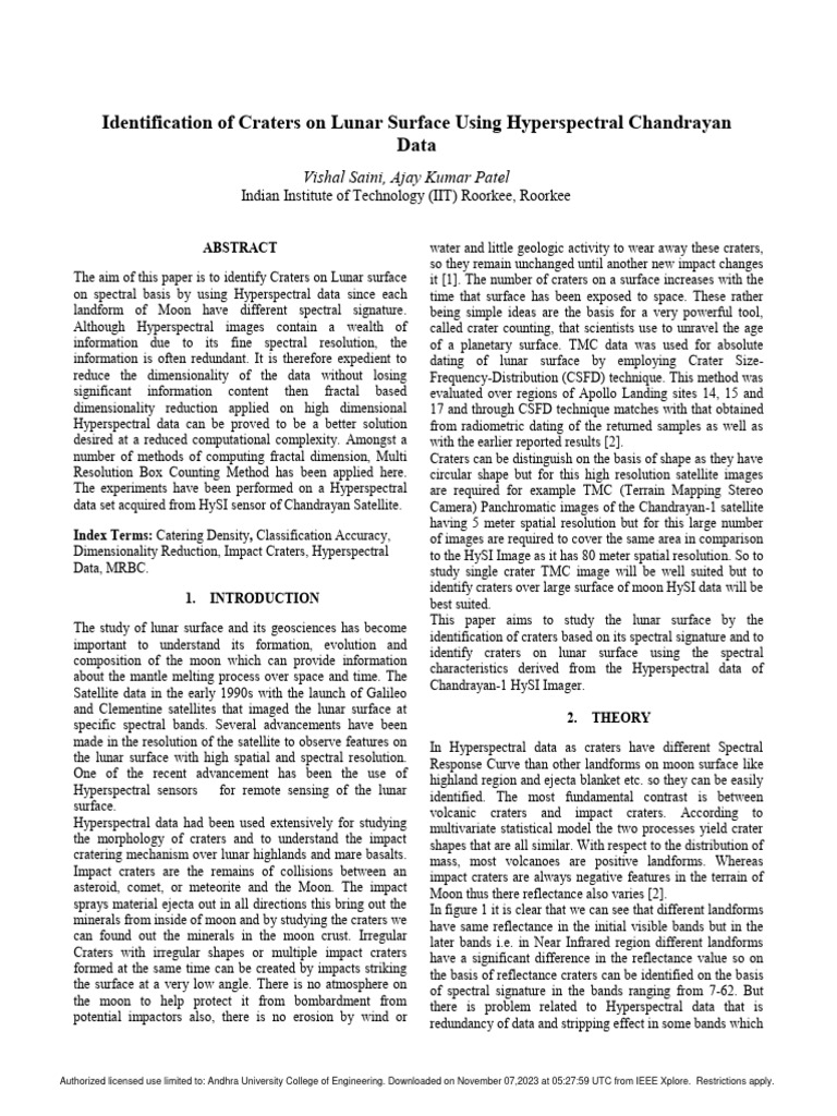 Identification Of Craters On Lunar Surface Using Hyperspectral