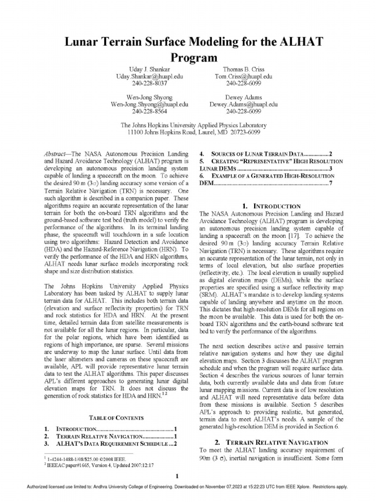 Lunar Terrain Modeling for ALHAT | PDF | Moon | Lidar