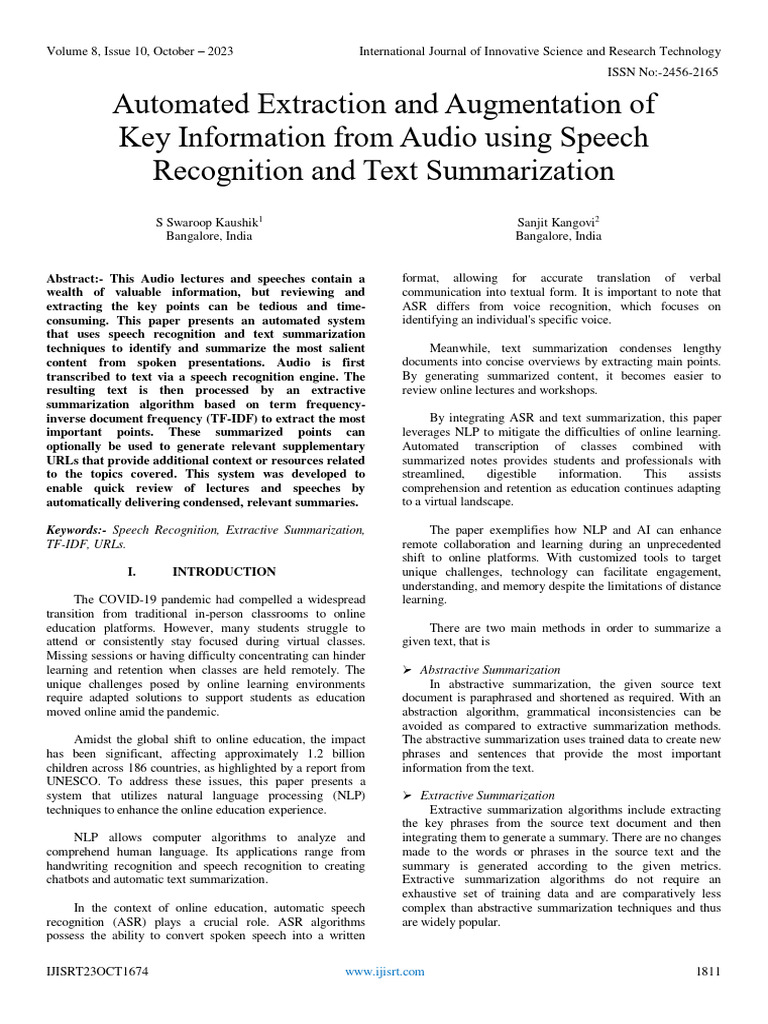 Automated Extraction and Augmentation of Key Information From Audio Using Speech Recognition and ...