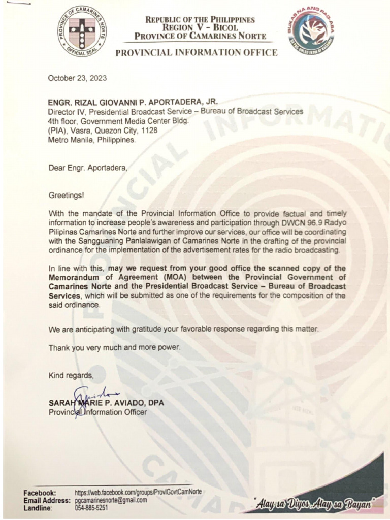 Letter to PBS Requesting Scanned Copy of MOA | PDF