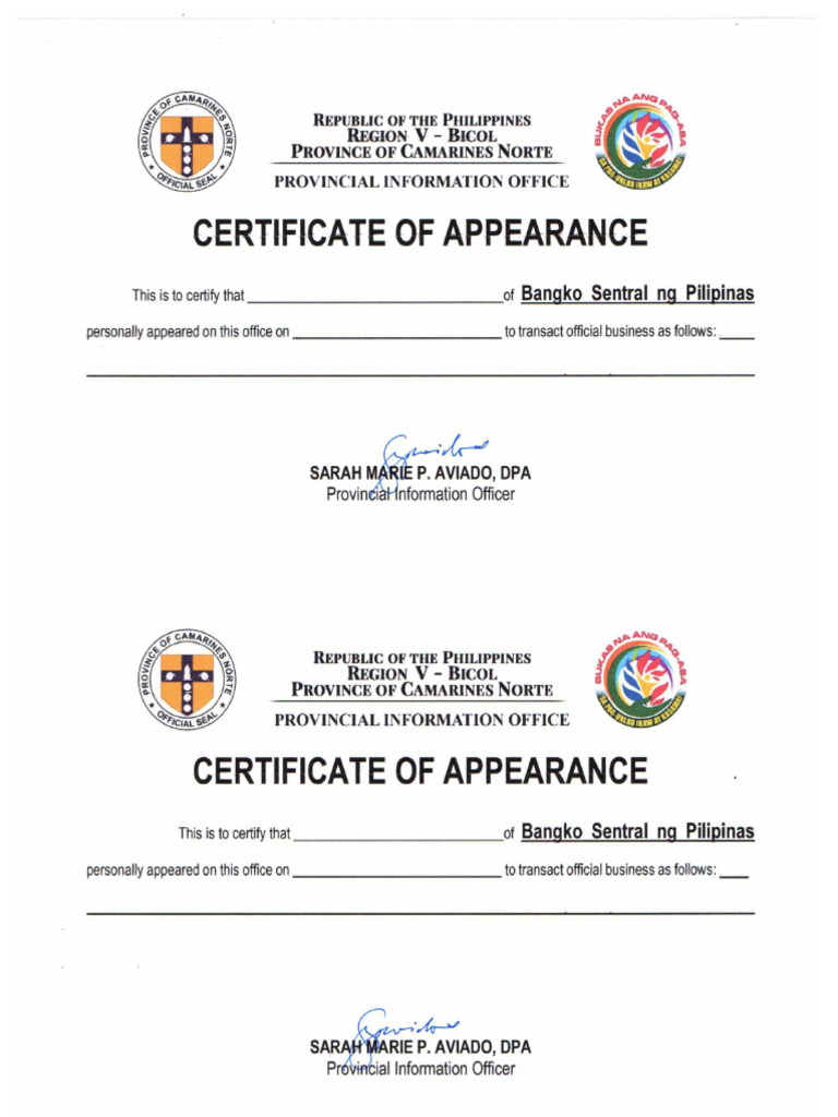 Certificate of Appearance (PIO-PGCN) | PDF