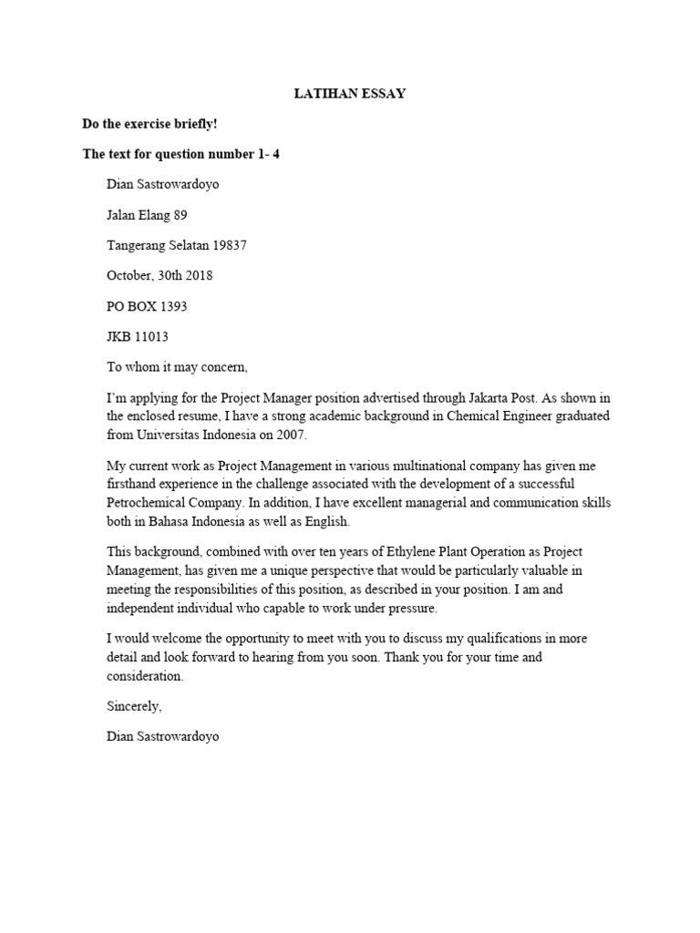 Latihan Essay Application Letter | PDF