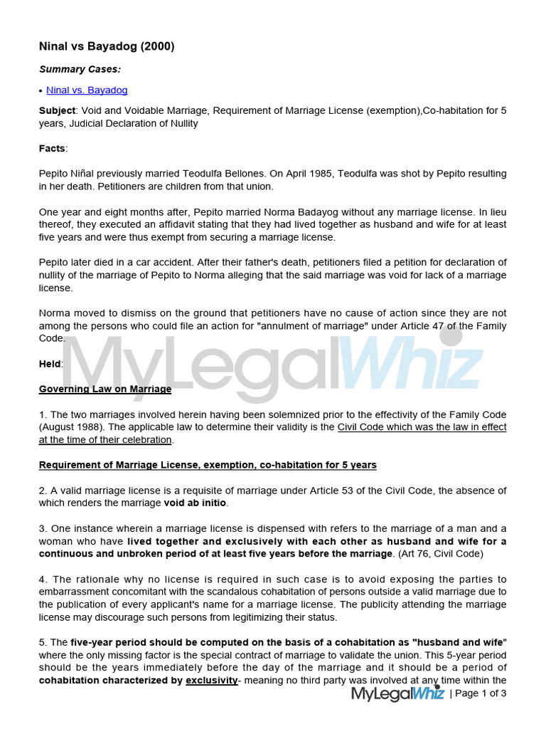 03 Summary Ninal Vs Bayadog | PDF | Annulment | Marriage