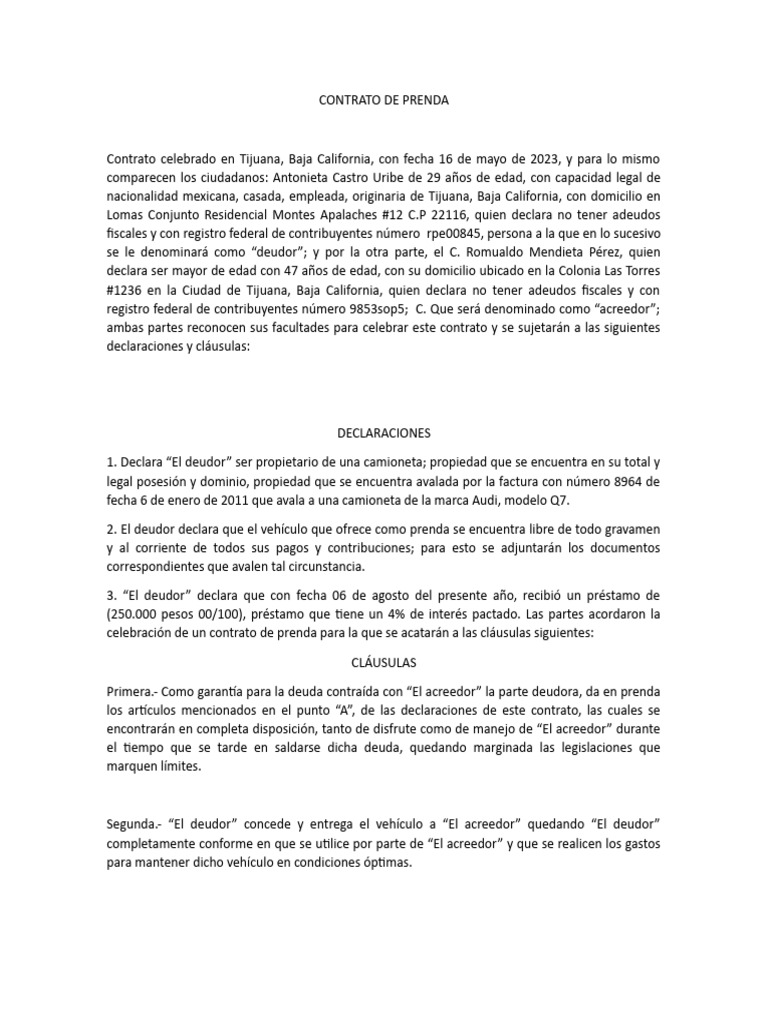 CONTRATO DE PRENDA | PDF | Deuda | Ley común