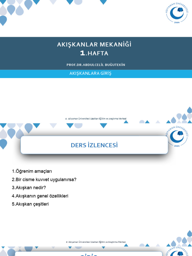 Akişkanlar Mekani̇ği̇ 1. Hafta | PDF