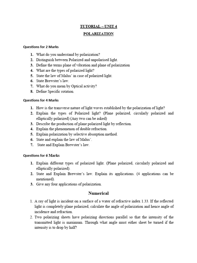 Unit 4 Polarization Q Bank | PDF | Light | Polarization (Waves)