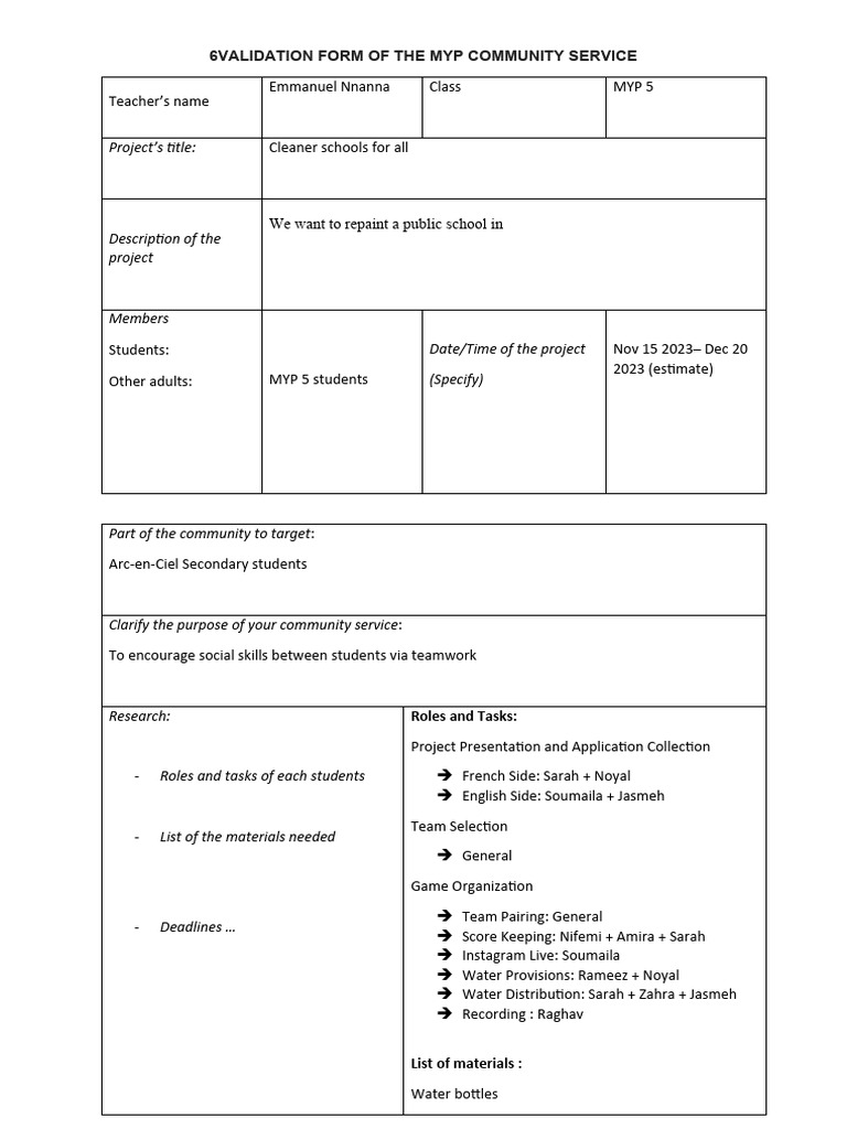 MYP Community Service Project Plan | PDF