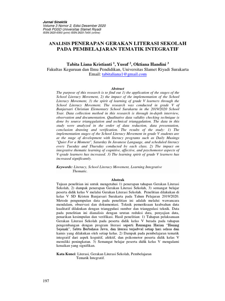 Analisis Penerapan Gerakan Literasi Sekolah Pada Pembelajaran Tematik ... Analisis Penerapan Gerakan Literasi Sekolah Pada Pembelajaran Tematik ...