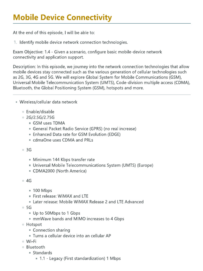 Comptia Aplus2201101 1 4 1 Mobile Device Connectivity Pdf