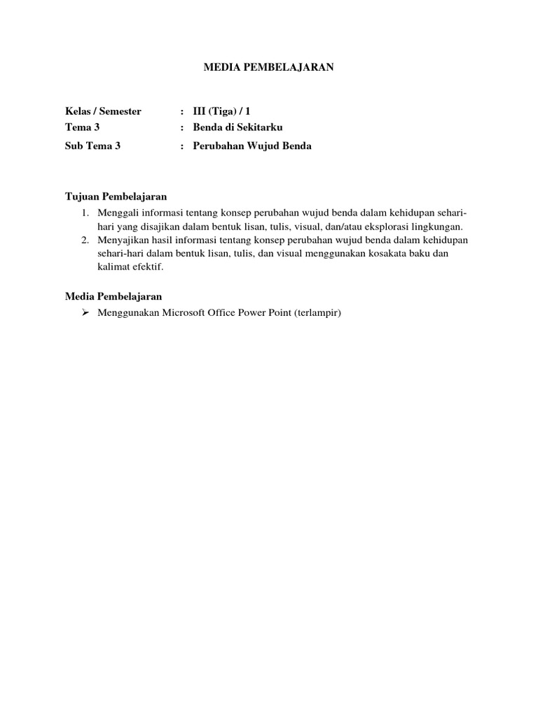 RPP Tema 3 Perubahan Wujud Benda | PDF | Karier & Perkembangan | Seni