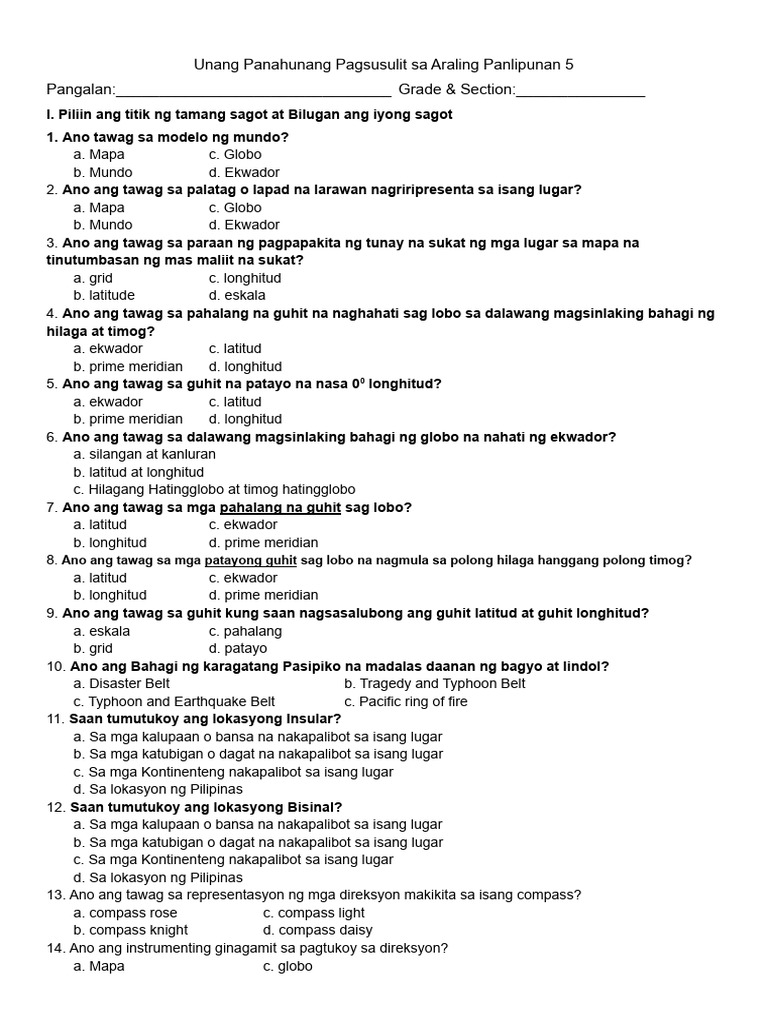 Unang Panahunang Pagsusulit Sa Araling Panlipunan 5 Pangalan: - Grade ...