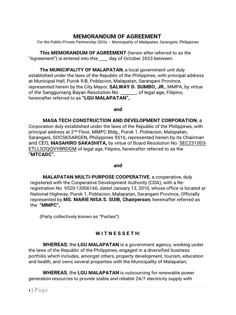 PDF Masa Amended PPP Moa Lgu Malapatan MTCDC 101723 Word 2 | PDF ...