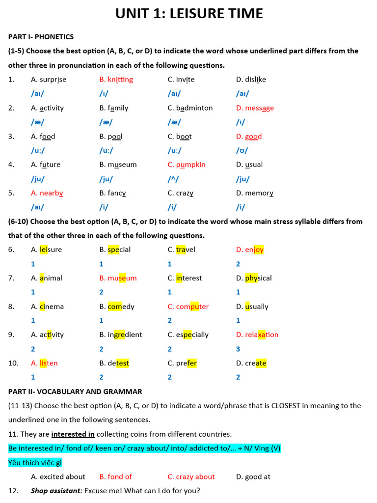 UNIT 1 - LEISURE ACTIVITIES - Done | PDF | Hobbies | Memory