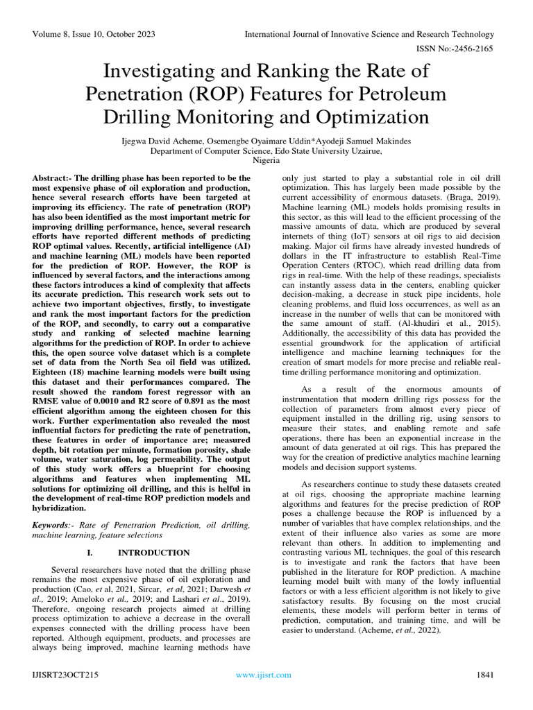 Investigating and Ranking The Rate of Penetration (ROP) Features For ...