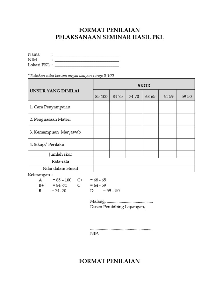Format Penilaian Seminar PKL | PDF