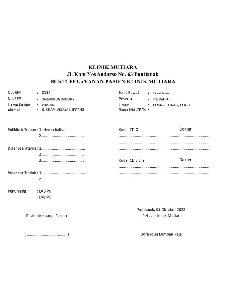 Form Bukti Pelayanan Pasien Klinik Mutiara | PDF