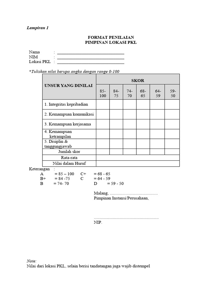 Form Penilaian PKL Lengkap | PDF