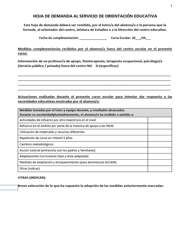 HOJA DE DEMANDA ORIENTACIÓN EDUCATIVA_INFANTIL | PDF | Salón de clases ...