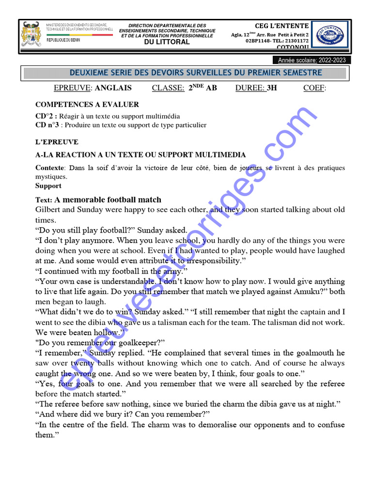 Anglais 2nde Ab, Deuxieme Devoir Du Premier Semestre 2022-2023 Ceg L'entente | PDF