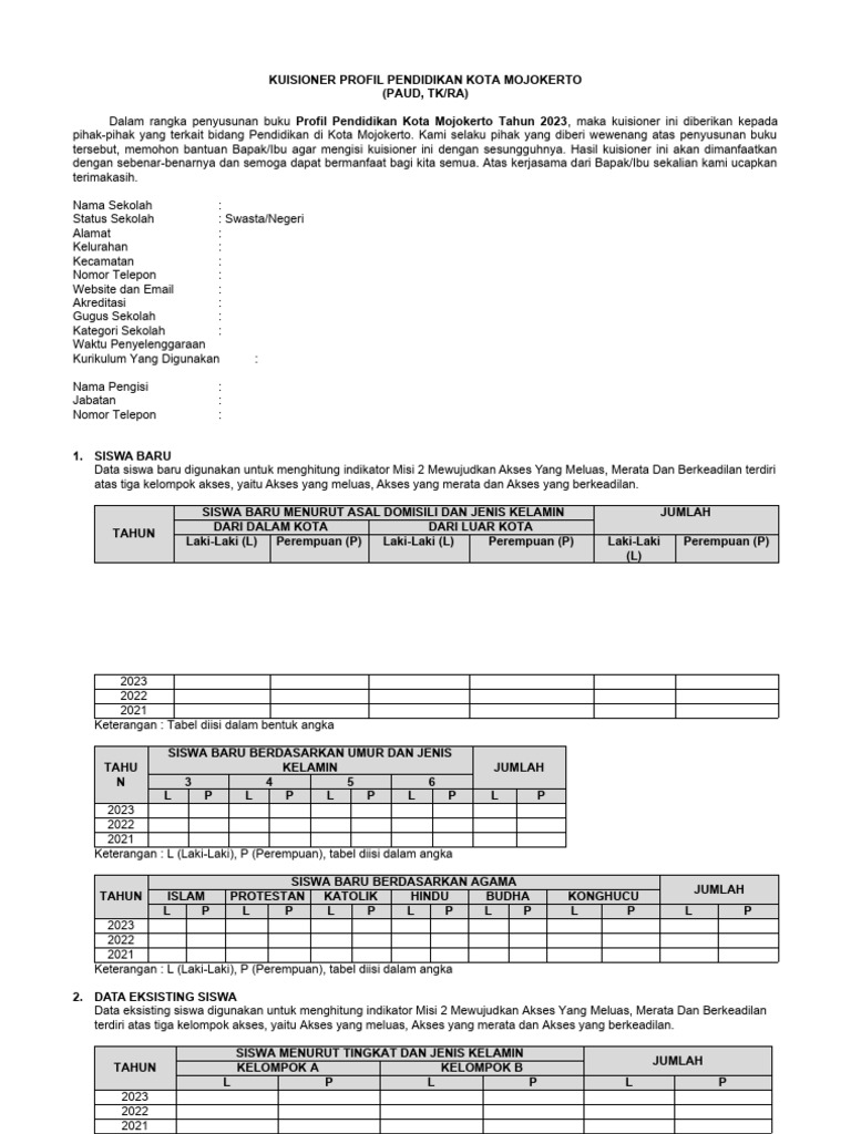 KUESIONER PROFIL PENDIDIKAN KOTA MOJOKERTO - TK, RA DAN PAUD Rev 2 | PDF