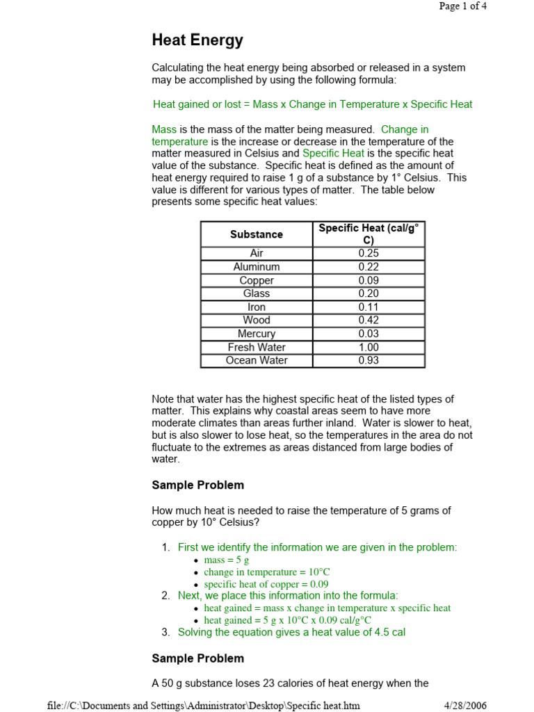 Specific Heat | PDF | Calorie | Heat
