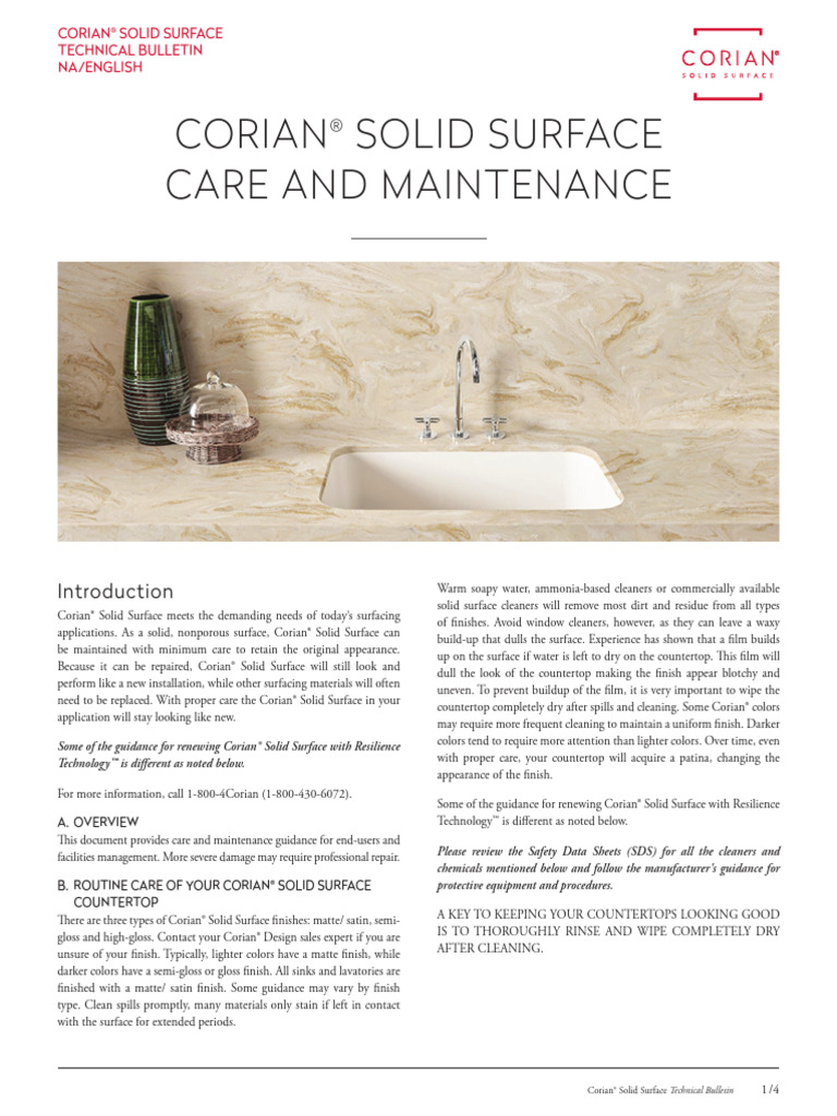K 26840 Corian Solid Surface Care and Maintenance | PDF | Sink | Bleach