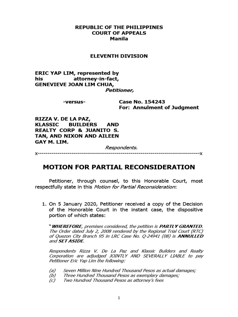 Motion for Partial Reconsideration | PDF | Annulment | Judgment (Law)