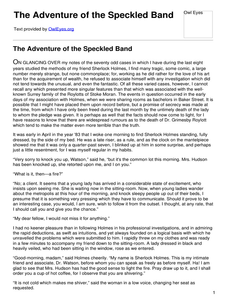 The Speckled Band Full Text | PDF | The Adventure Of The Speckled Band ...