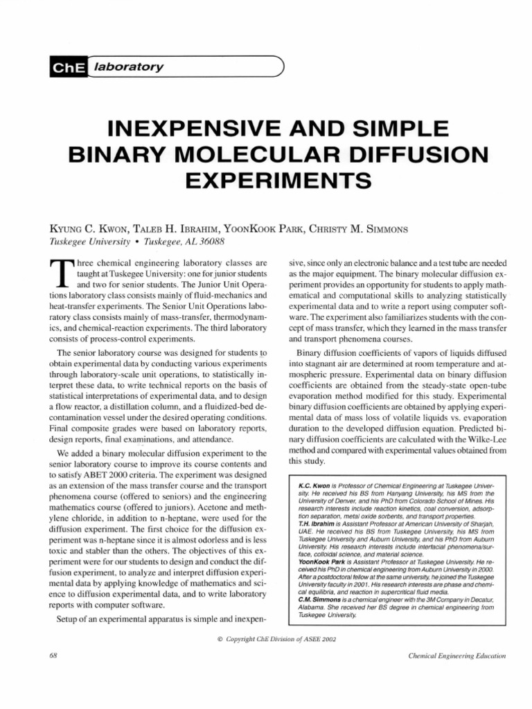 Inexpensive and Simple Binary Molecular Diffusion Experiments | PDF | Evaporation | Diffusion