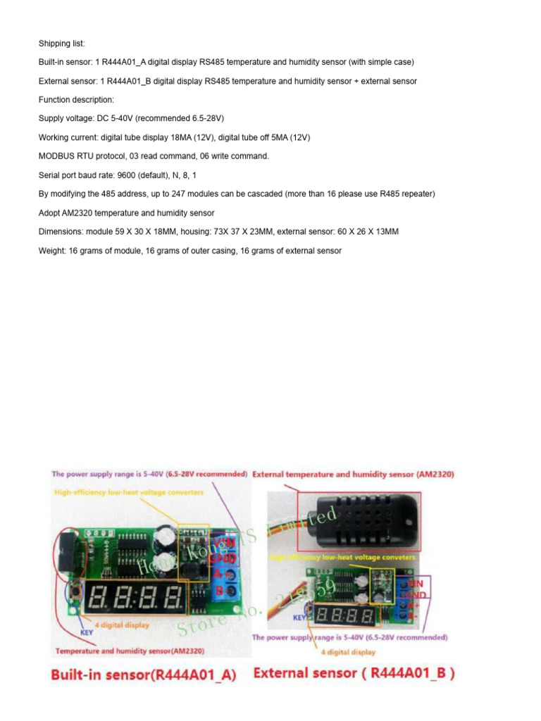 R414A01 RS485 Modbus RTU Temperature and Humidity Sensor | PDF