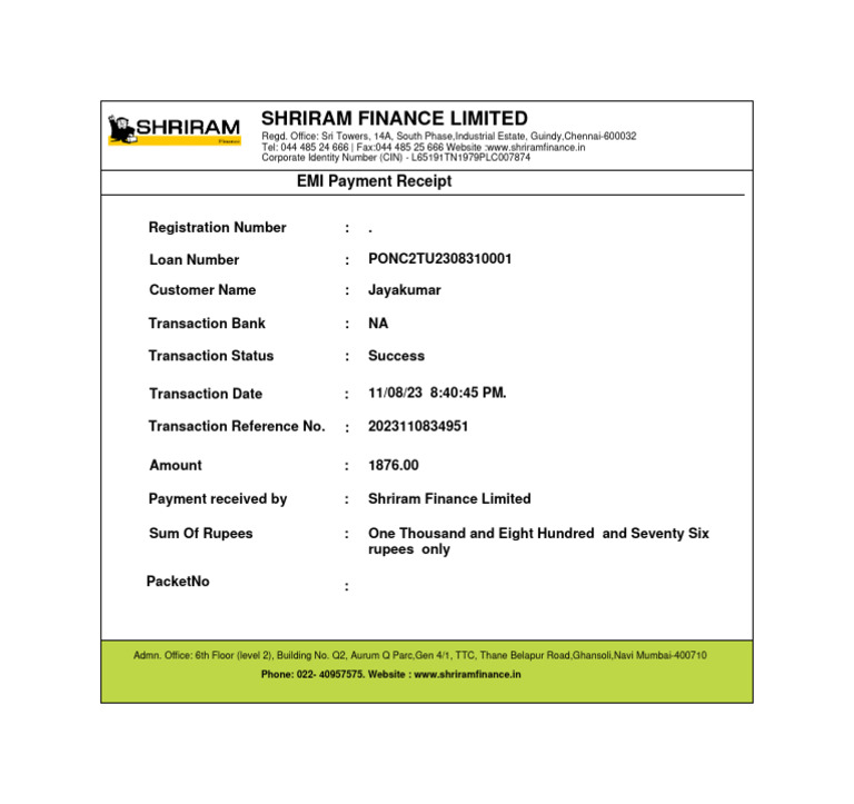 Shriram Finance EMI Payment Receipt | PDF
