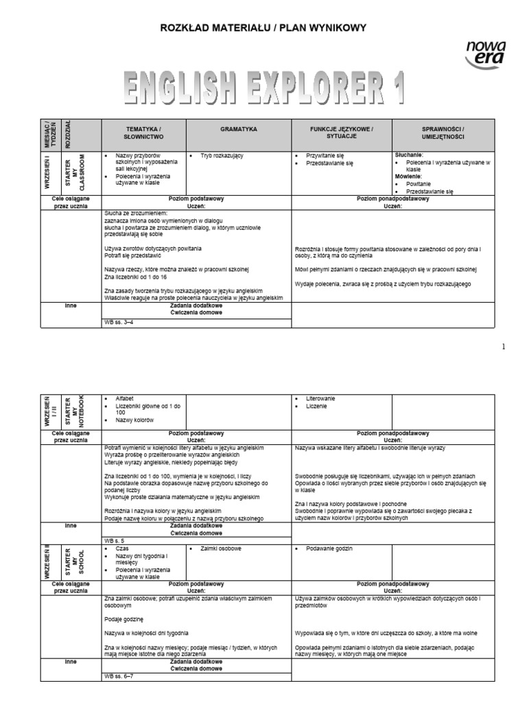 Rozklad Plan Englishexplorer1 NPP | PDF