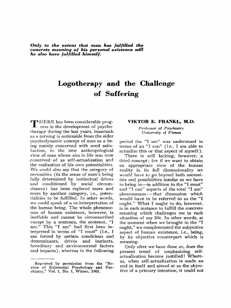 Logotherapy and The Challenge of Suffering | PDF | Psychotherapy | Self ...