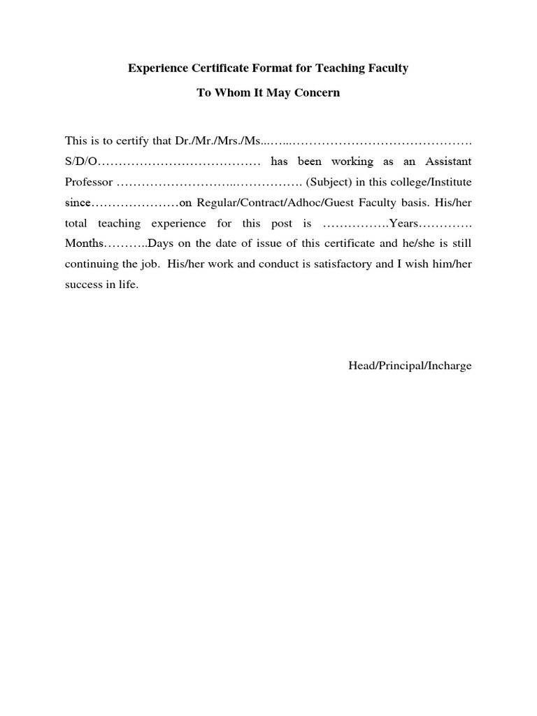 Experience Certificate Format Teaching | PDF