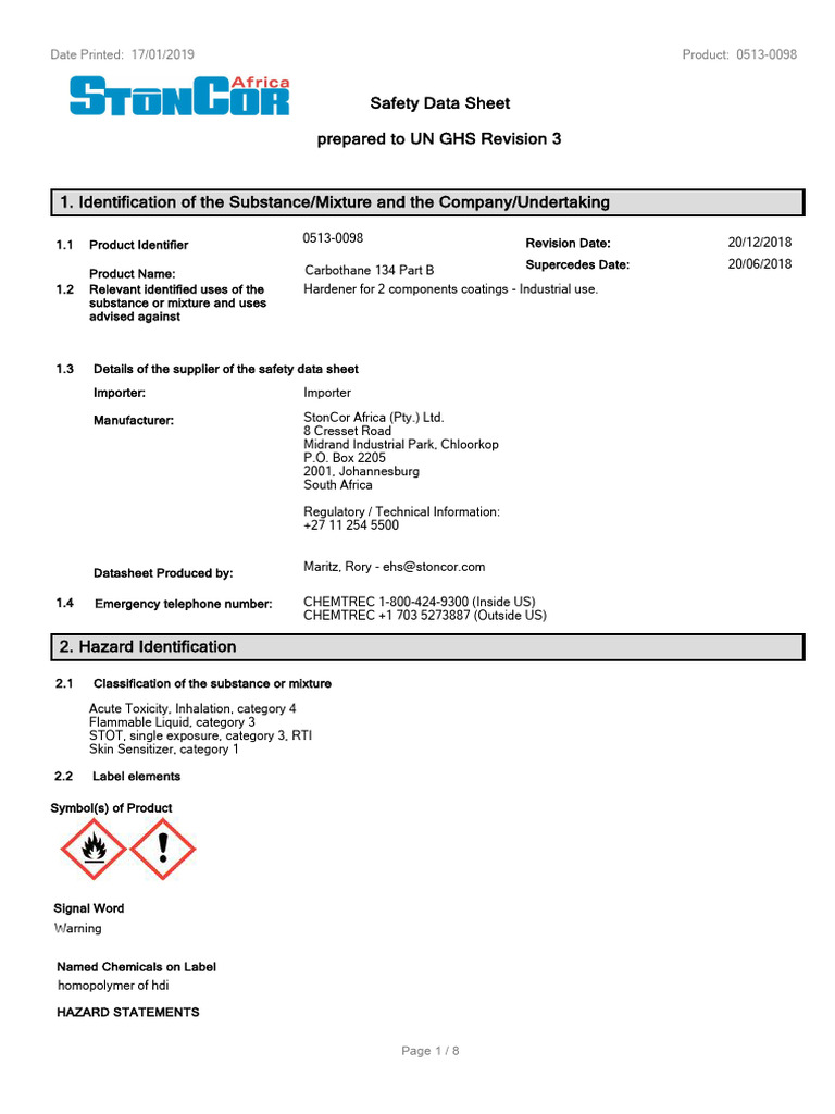 MSDS - Carbothane 134 Part B | PDF | Physical Sciences | Labor Relations