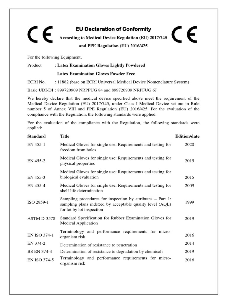 EU Declaration of Conformity Latex (UG) 2022 MDR+PPE SRN | PDF ...