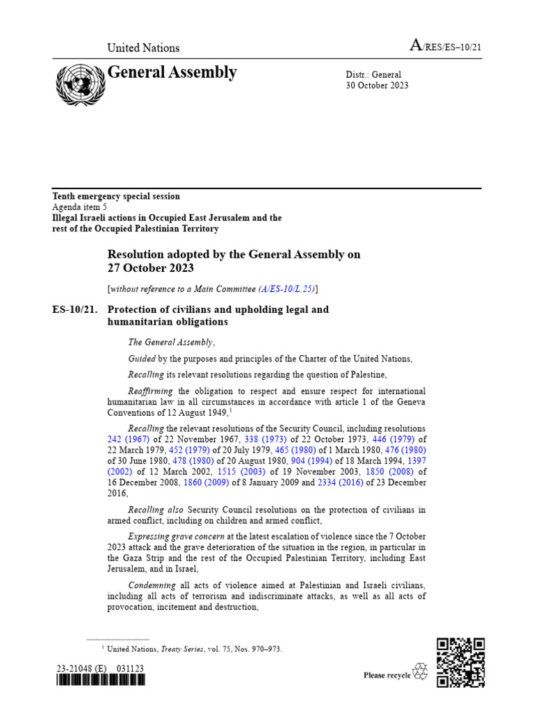 UNGA Resolution On Gaza Ceasefire - October 2021 (ES-10 21) | PDF ...