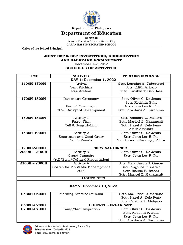 Backyard Camping Schedule of Activities | PDF | Outdoor Recreation ...