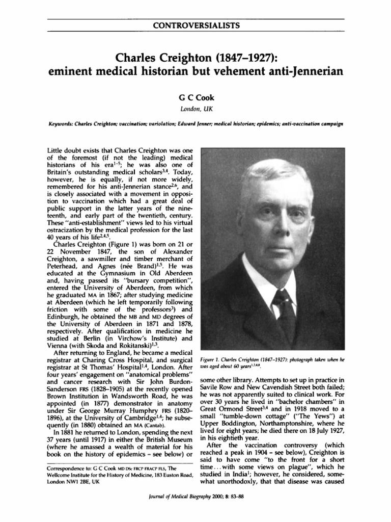 Charles Creighton (1847-1927) Eminent Medical Historian But Vehement ...