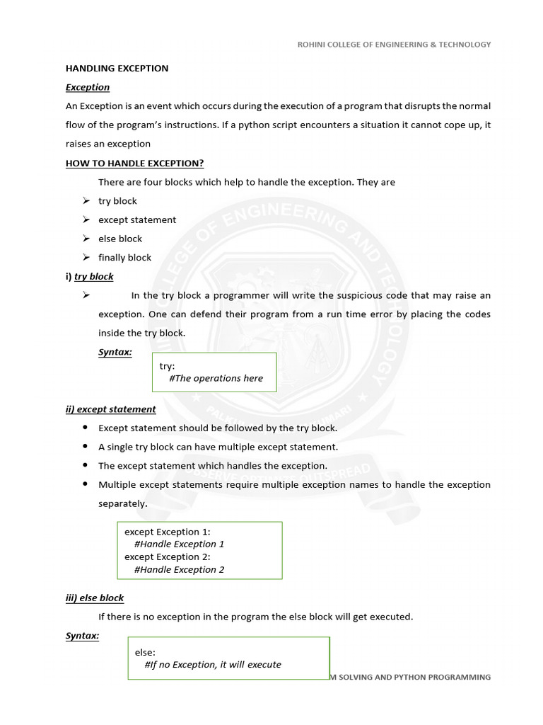 Exception Handling Using Python Pdf Parameter Computer Programming Computer Program