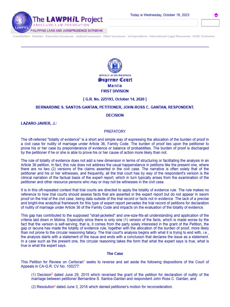 Santos Gantan Vs Gantan G.R. No. 225193 | PDF | Burden Of Proof (Law ...