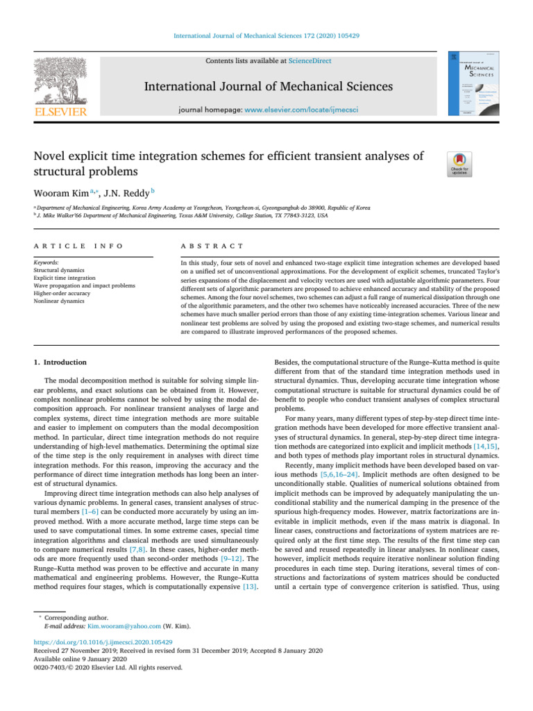 Novel Explicit Time Integration Schemes For Effi 2020 International Journal Pdf Numerical